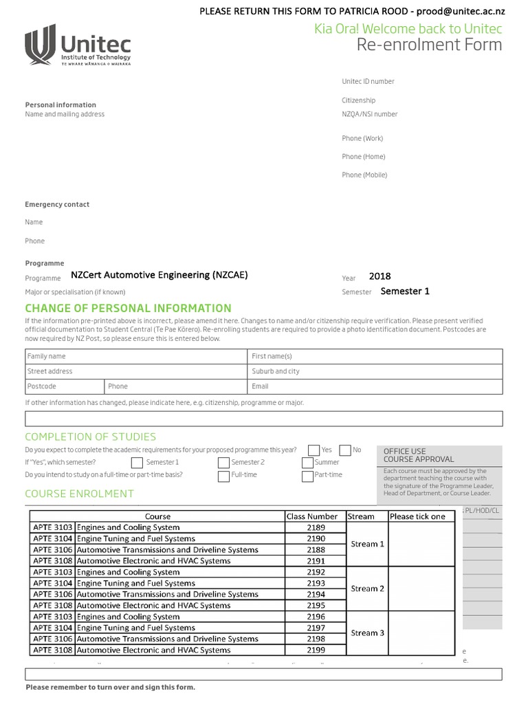 NZCAE - Unitec - Form - Re - Enrolment PDF | PDF | Fee | Government