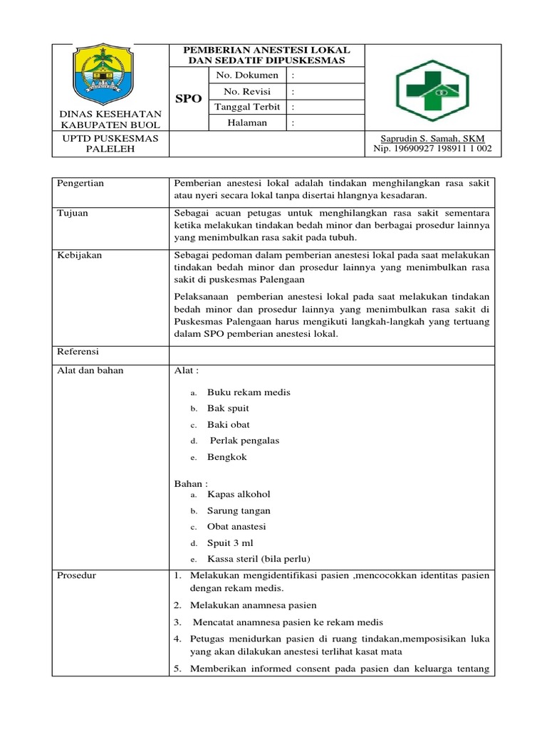 SOP Pemberian Anastesi Lokal Dan Sedasi Di Puskesmas | PDF