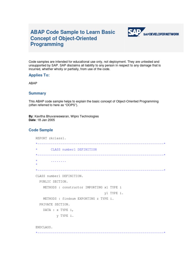 Abap Code Sample To Learn Basic Concept Of Object Oriented Programming Pdf Object Oriented 
