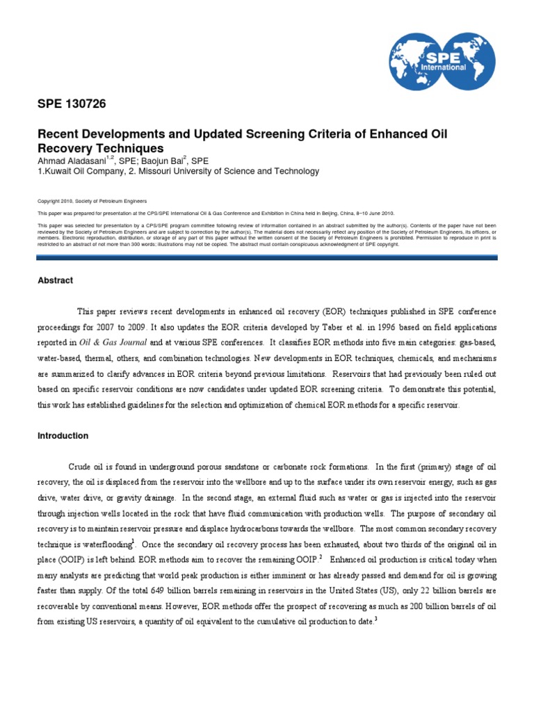 SPE-130726 - Updated EOR Screening Criteria | PDF | Enhanced Oil Recovery | Extraction Of Petroleum