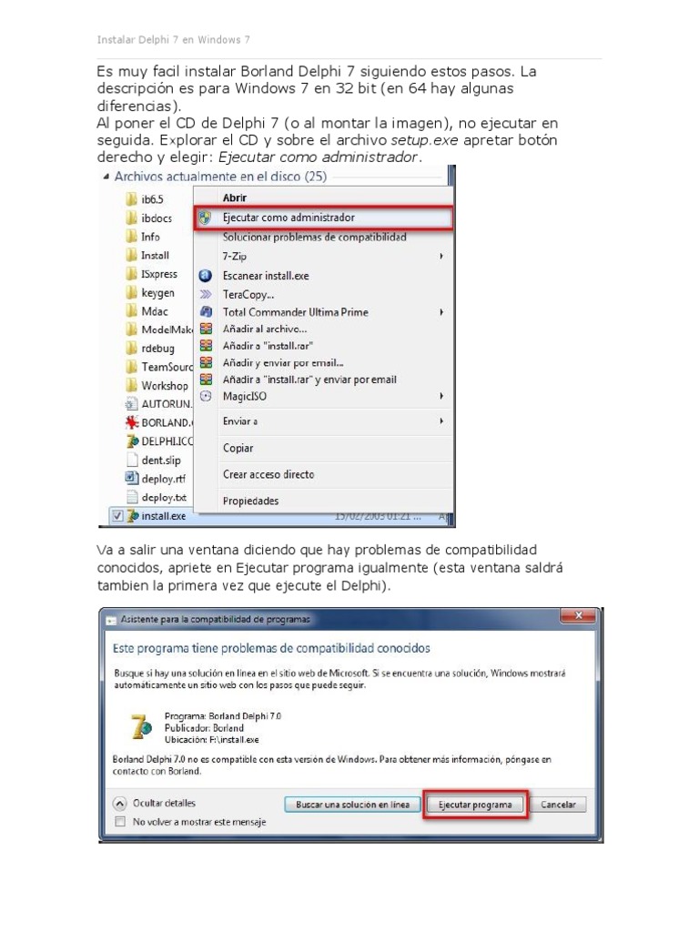 TUTORIAL PARA Instalar Delphi 7 en Windows 7 | PDF