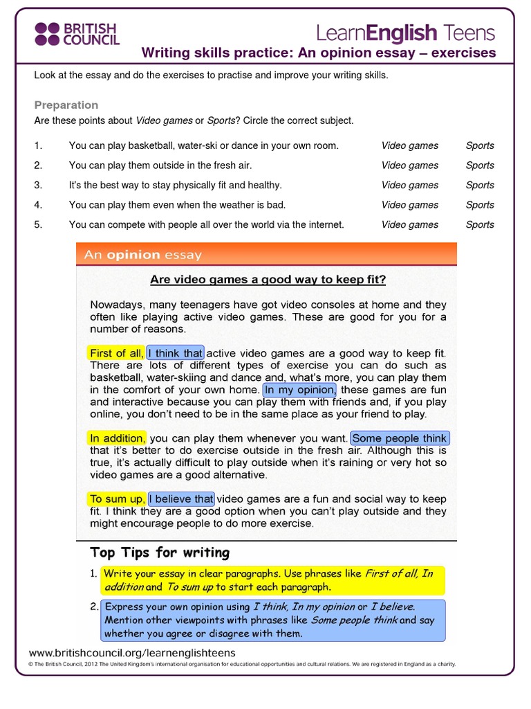 Writing Skills Practice: An Opinion Essay - Exercises: Preparation ...