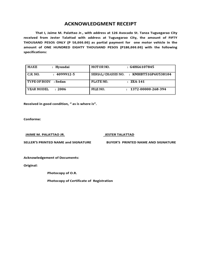 Car Payment Acknowledgment Receipt | PDF