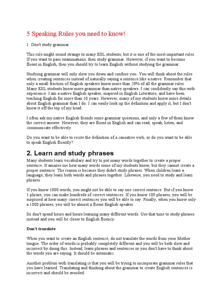 5 Rules To Speak English Fluently | PDF | Fluency | English Language