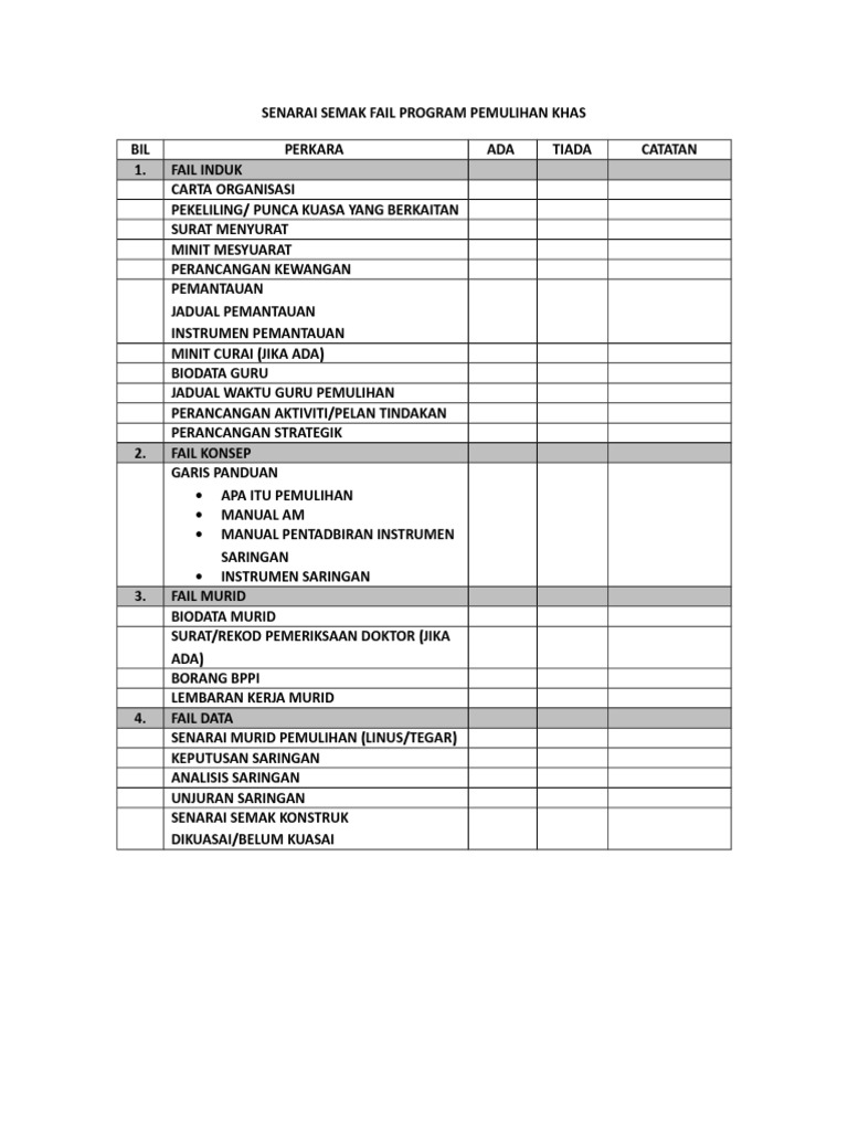 Senarai Semak Fail Program Pemulihan Khas | PDF