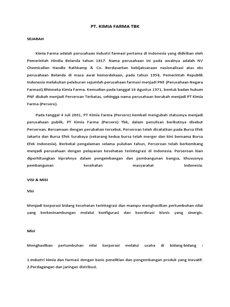 Sejarah Pendirian Dan Perkembangan Pt Kimia Farma Tbk Pdf