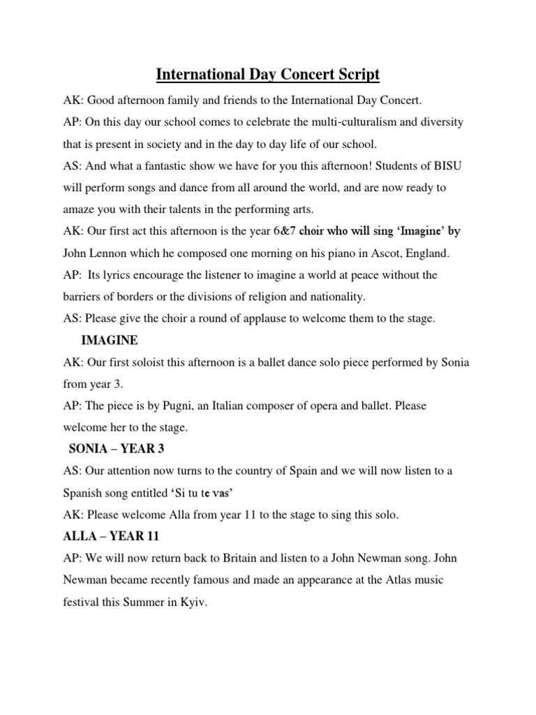 International Day Concert Script | PDF | Performing Arts | Entertainment