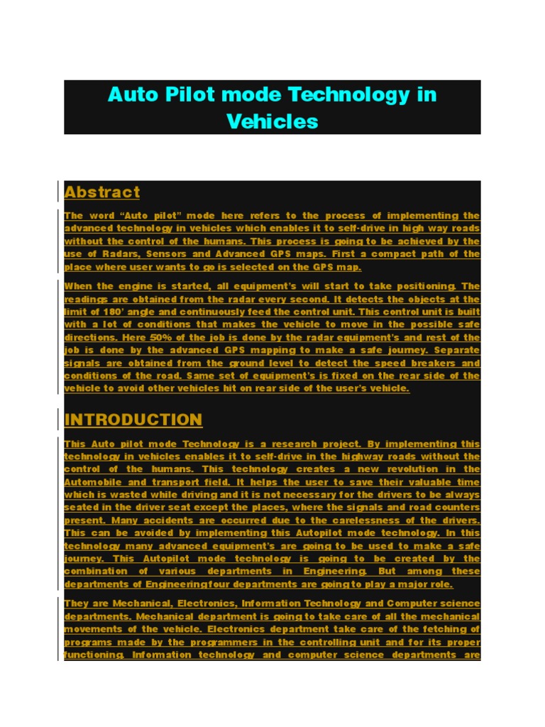 Auto Pilot Mode Technology in Vehicles | PDF | Radar | Radio
