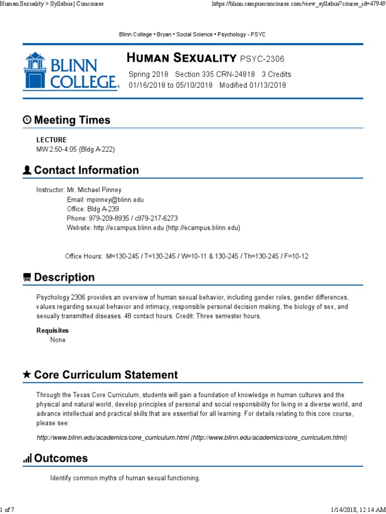 Human Sexuality - Syllabus - Concourse | PDF | Human Sexual Activity ...