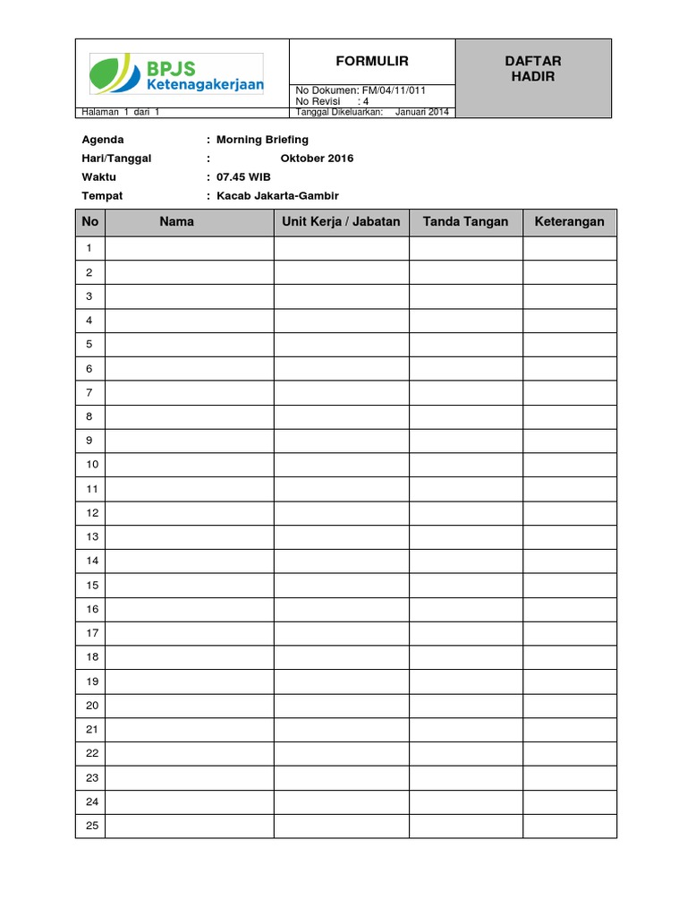 Daftar Hadir Morning Briefing PRINT | PDF