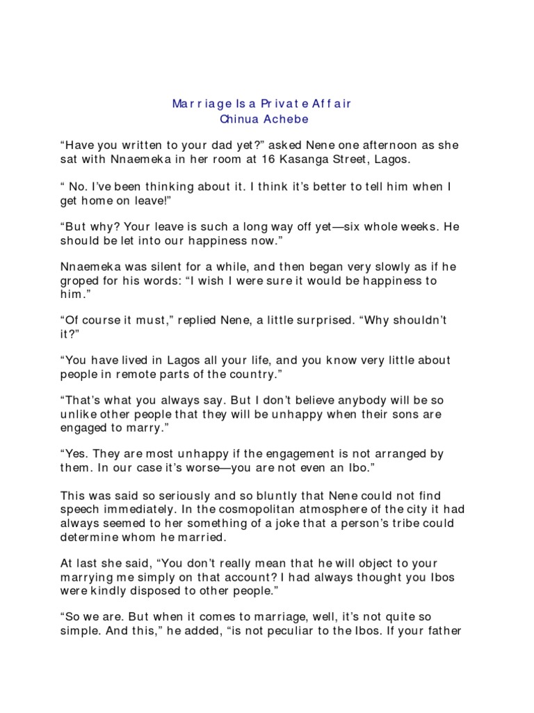SHORT STORY 3 Marriage is a Private Affair by Chinua Achebe | Narration