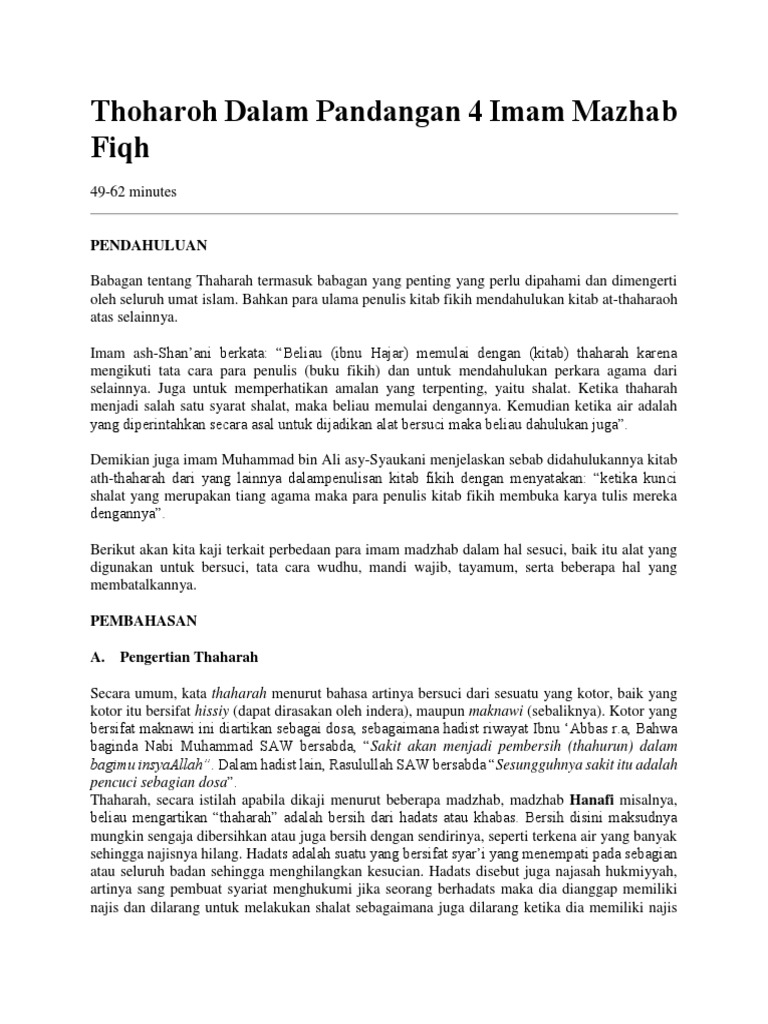 Thoharoh Dalam Pandangan 4 Imam Mazhab Fiqh | PDF