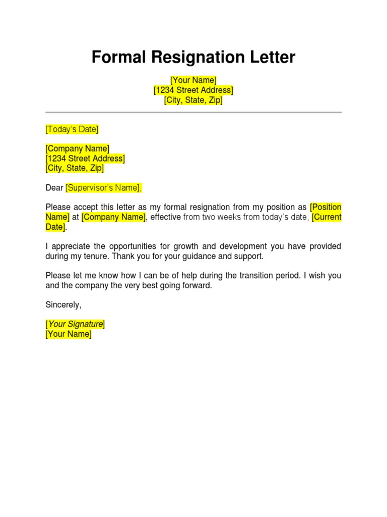 Formal Resignation Letter Template | PDF