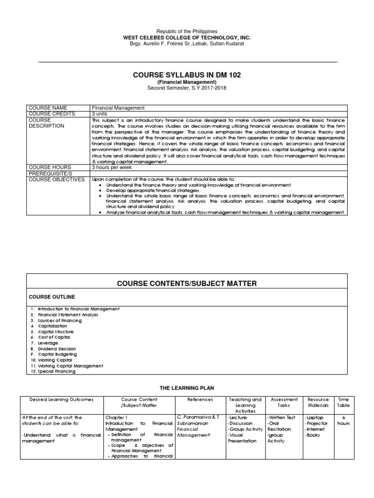 Financial Management Syllabus | PDF | Leverage (Finance) | Dividend