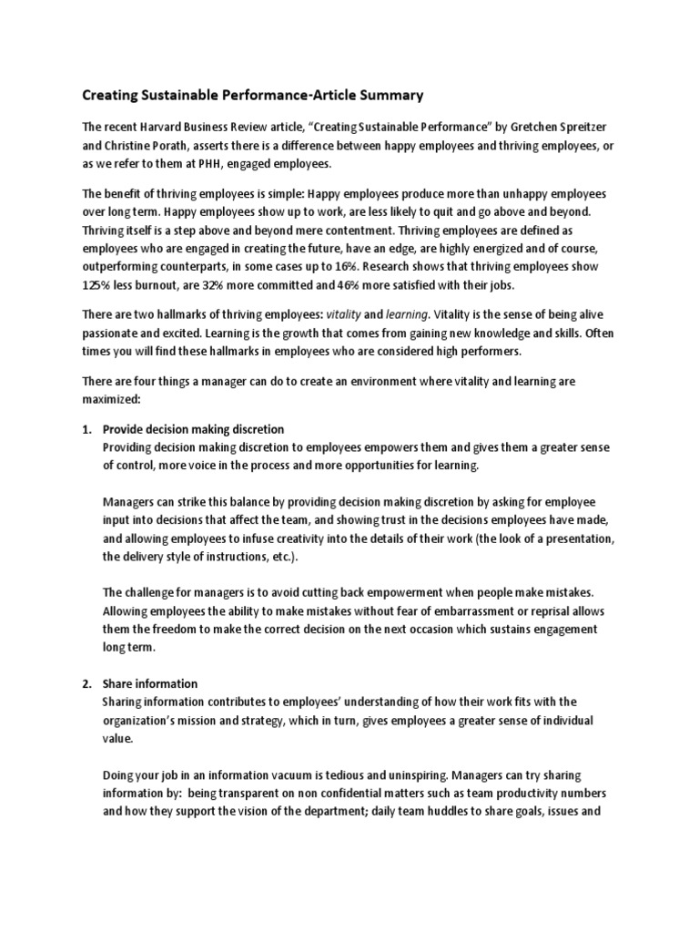 Creating Sustainable Performance-Article Summaryp9 | PDF | Employment ...