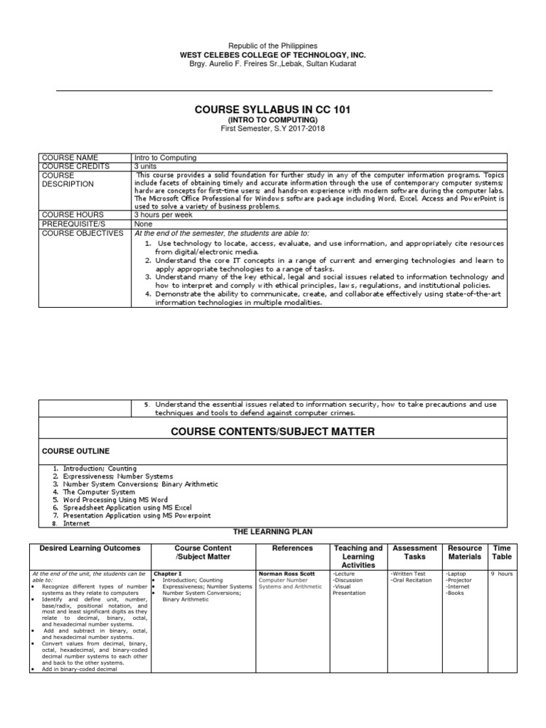 Intro To Computing Syllabus | PDF | Microsoft Excel | Microsoft Power Point