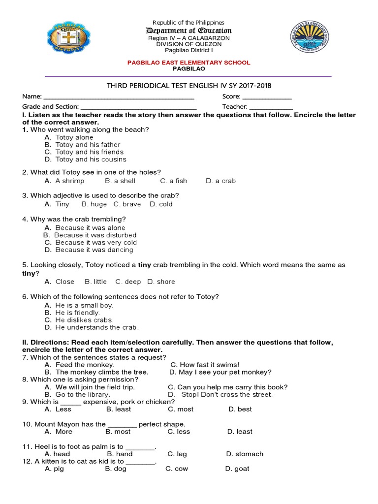 Grade 3 English Periodical Test 2017-2018 | PDF | Habitat | Plants