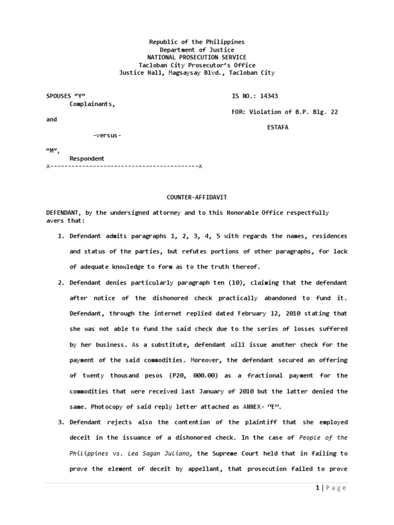 BP22 Counter Affidavit | Prosecutor | Criminal Law | Free 30-day Trial ...