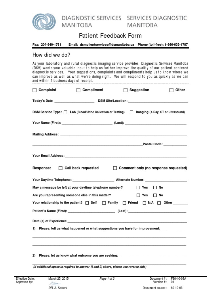 Patient Feedback Form Fillable Version 2 | PDF | Medical Imaging