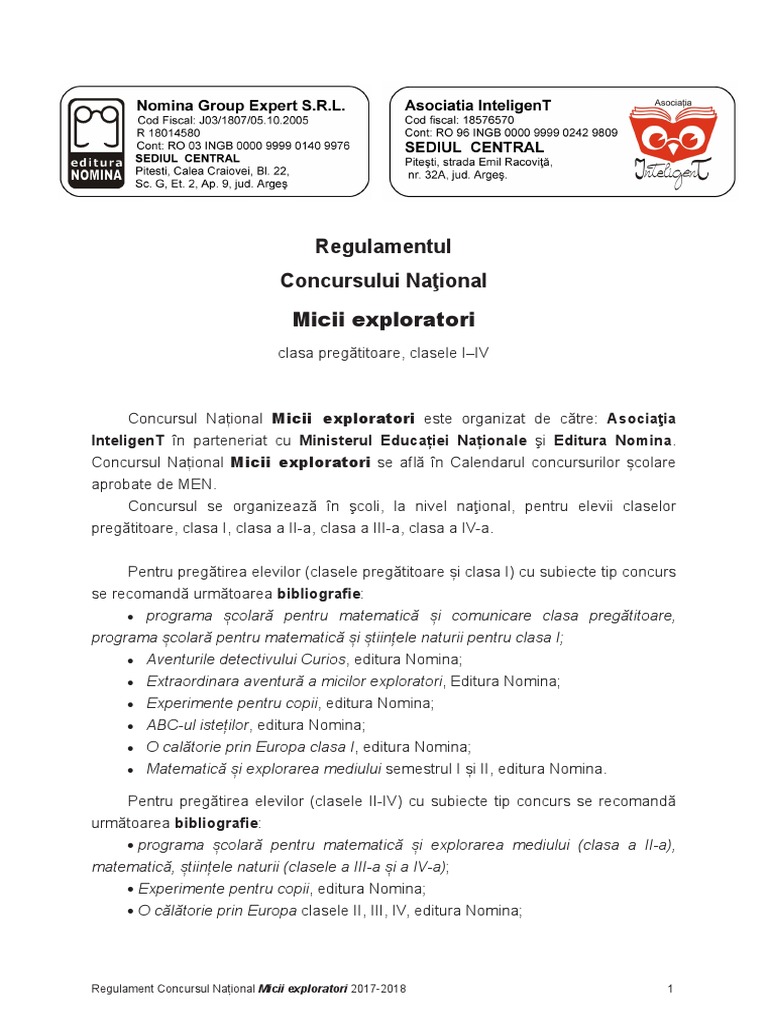 Regulament Concursul Național Micii Exploratori 2017 2018 1 PDF | PDF