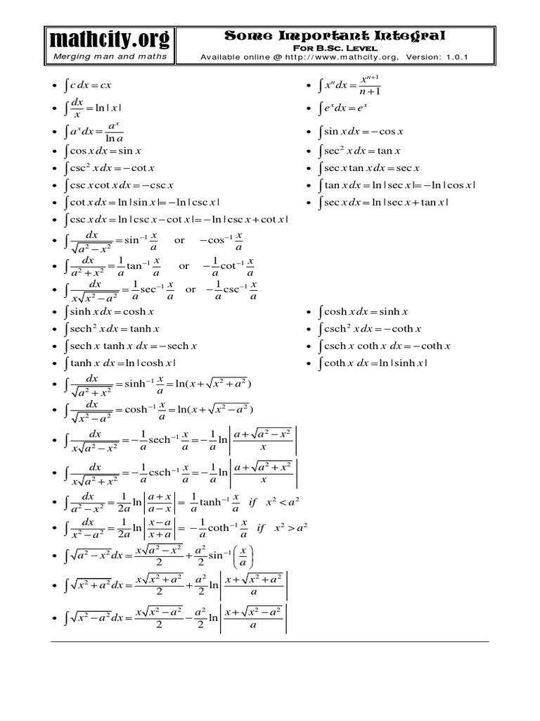BSC Maths Integral Formulas PDF | PDF | Science & Mathematics