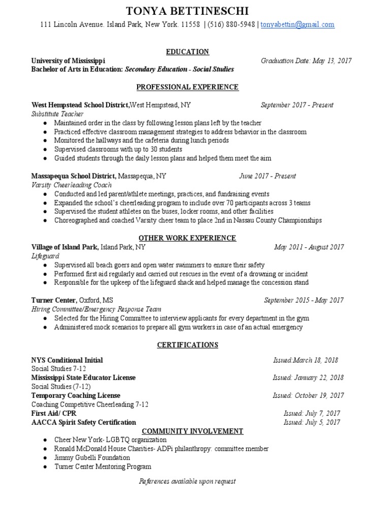 Tonya Bettineschi Resume | PDF | Cheerleading | Change