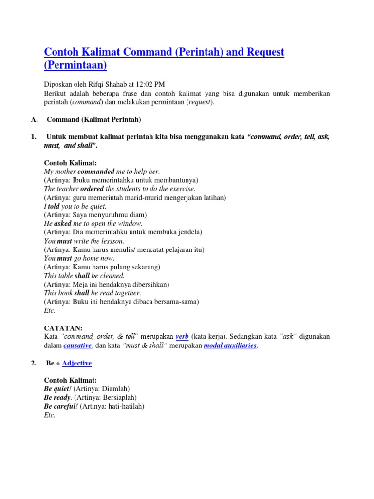 Contoh Kalimat Command (Perintah) and Request (Permintaan) | PDF