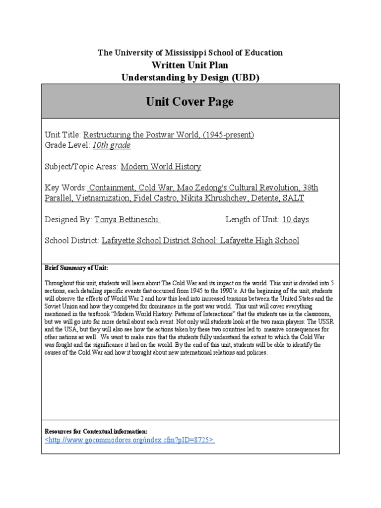 Unit Cover Page: Written Unit Plan Understanding by Design (UBD) | PDF ...