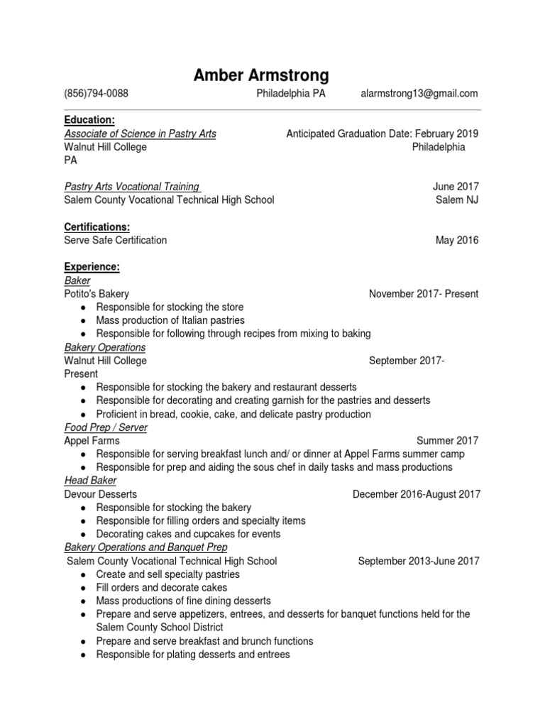 Pastry Arts Resume of Amber Armstrong | PDF