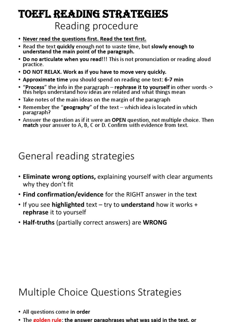 TOEFL Reading Strategies | PDF | Reading (Process) | Vocabulary