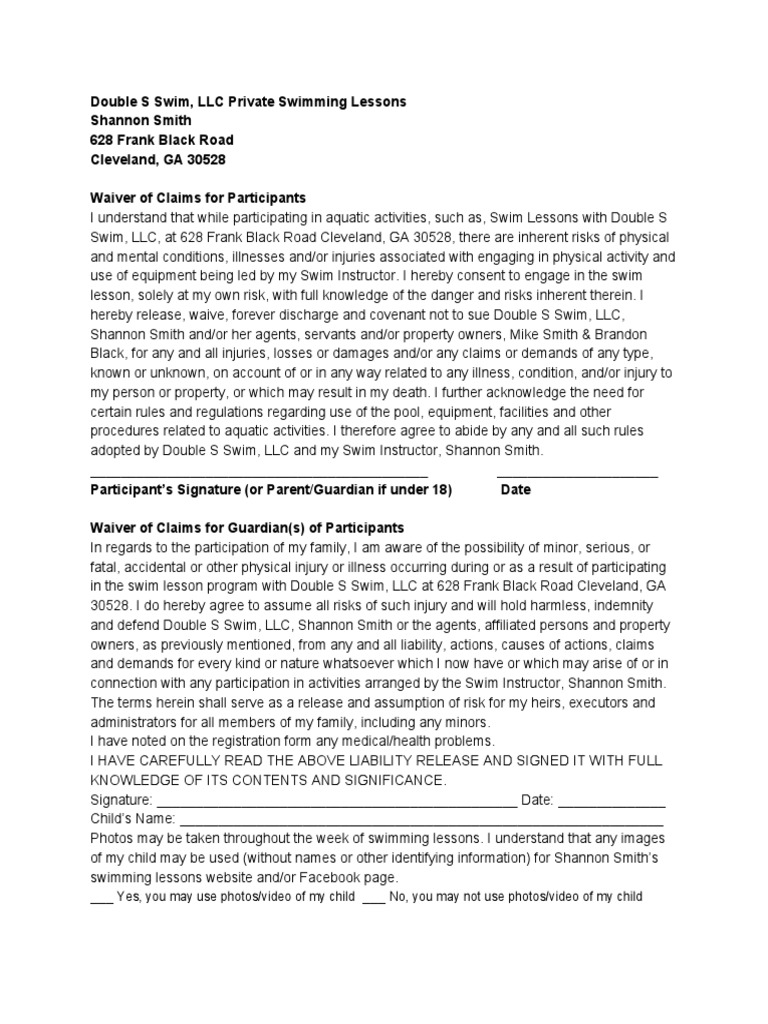 Double S Swim LLC Waiver & Policies | PDF | Indemnity | Government