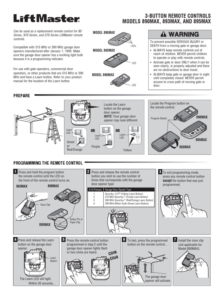 3-Button Remote Controls MODELS 890MAX, 893MAX, AND 895MAX: Prepare ...