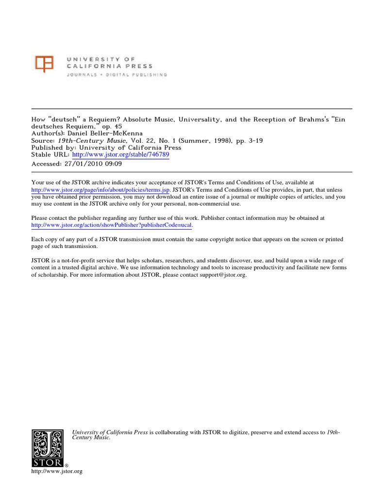 Absolute Music, Universality and The Reception of Brahms's 'Ein ...