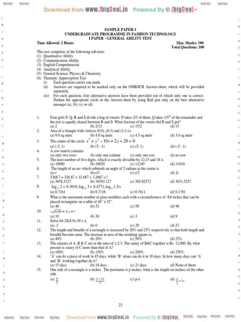 Nift B.ftech Gat Paper | PDF | Queensland | Teaching Mathematics