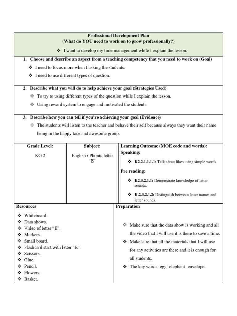 Lesson Plan - Letter e | PDF | Goal | Teachers