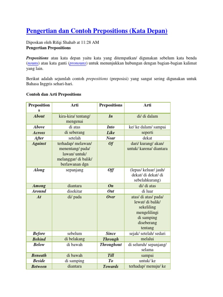 Pengertian Dan Contoh Prepositions | PDF