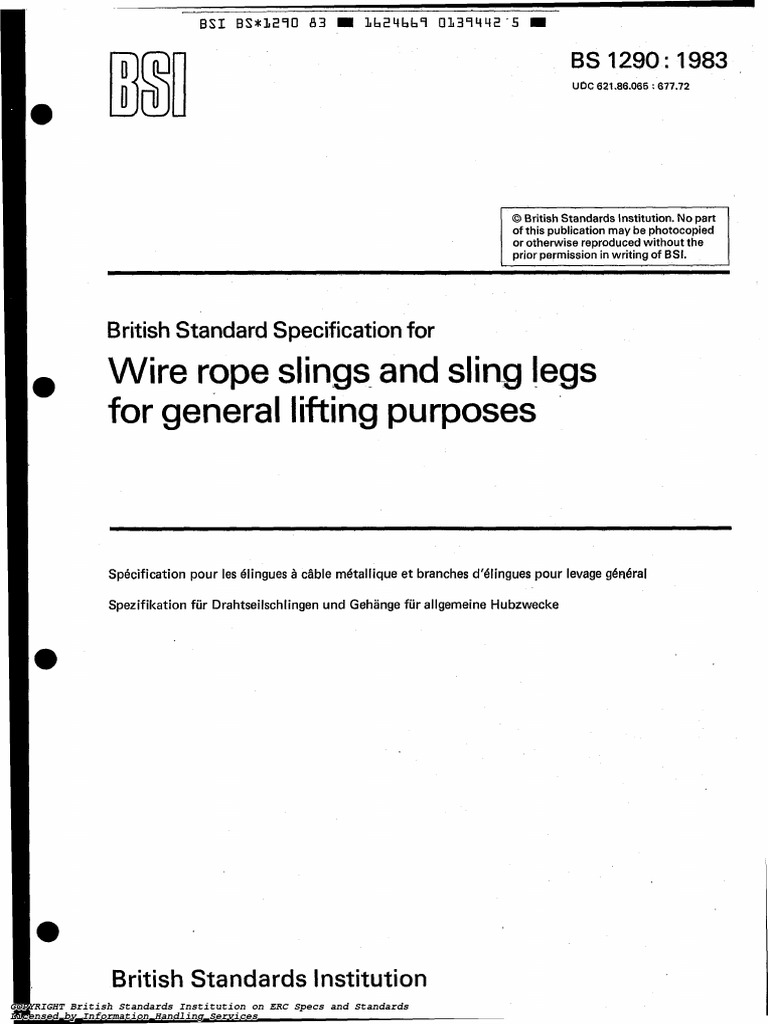 BS 1290 Wire Rope Sling and Slings Legs For General Lifi E97 PDF | PDF | Rope | Standardization