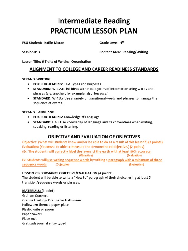 Session 3-6 Traits Writing Lesson Plan - Organization | PDF | Lesson ...