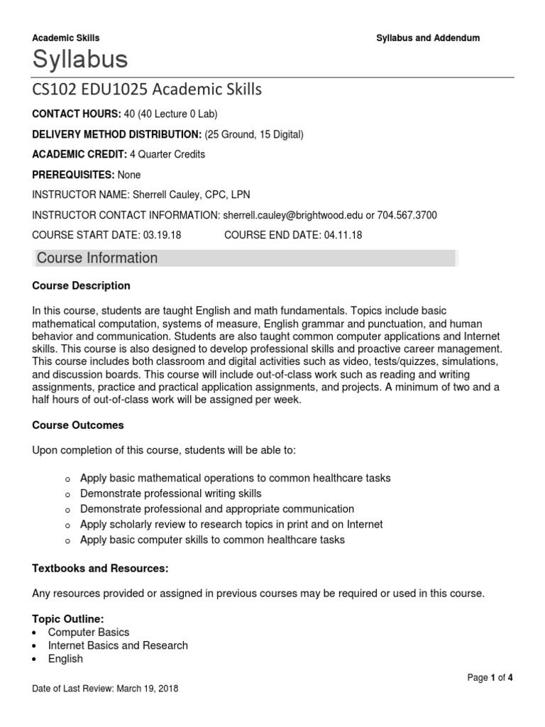 Academic Skills Course Syllabus | PDF | Homework | Lecture