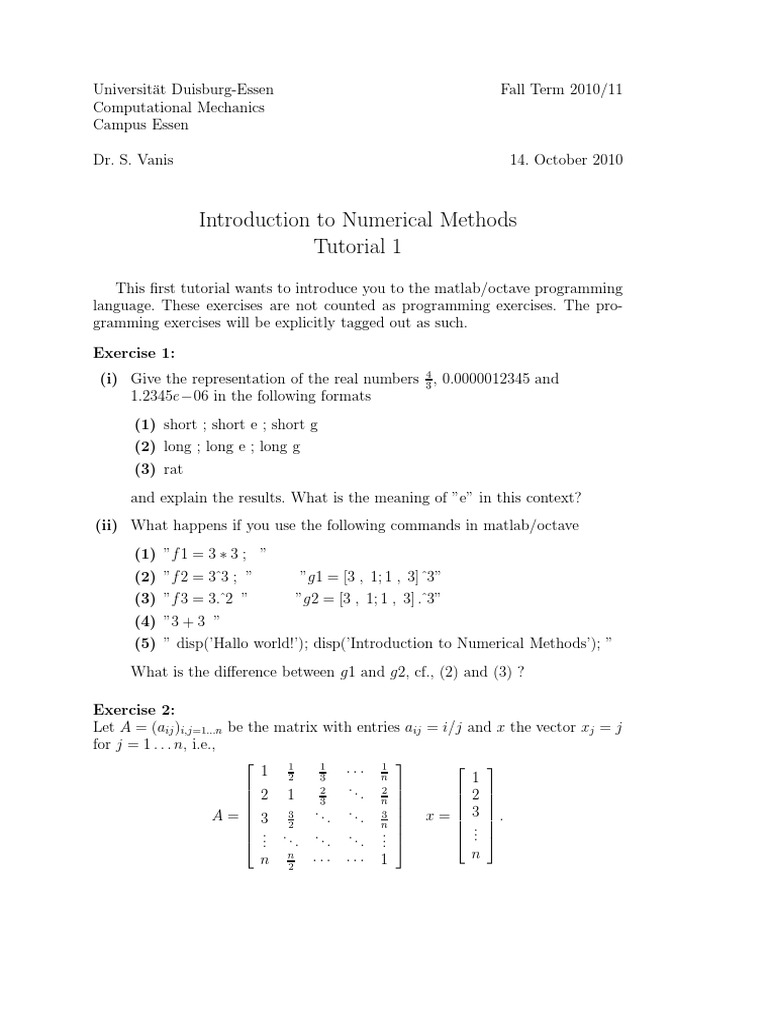 Tutorial 1 | PDF | Matlab | Matrix (Mathematics)