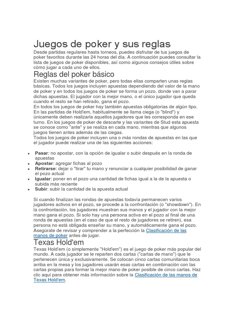 Poker y Sus Reglas | PDF | Póker | Texas Hold 'Em