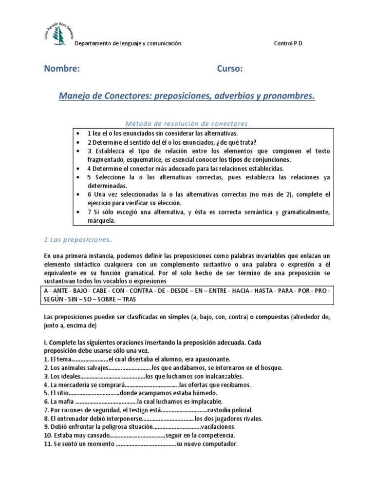 Conectores Preposiciones Adverbios y Pronombre | PDF | Sintaxis | Mecánica del lenguaje