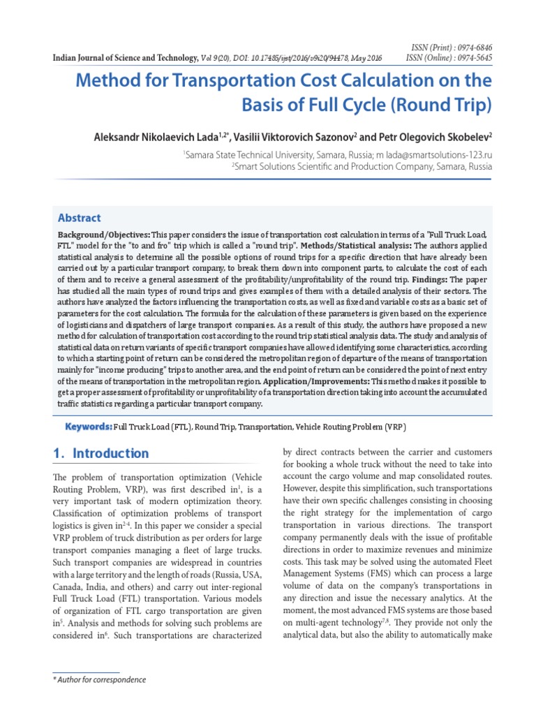 Method For Transportation Cost Calculation On The Basis of Full Cycle ...