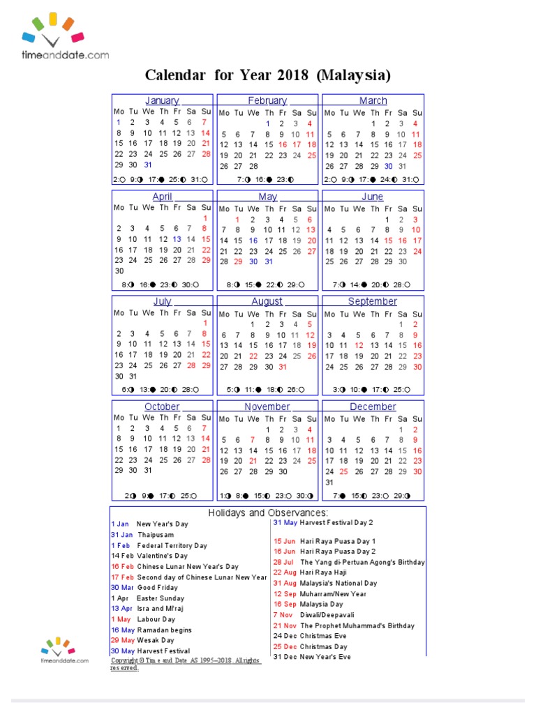 Year 2018 Calendar - Malaysia | PDF