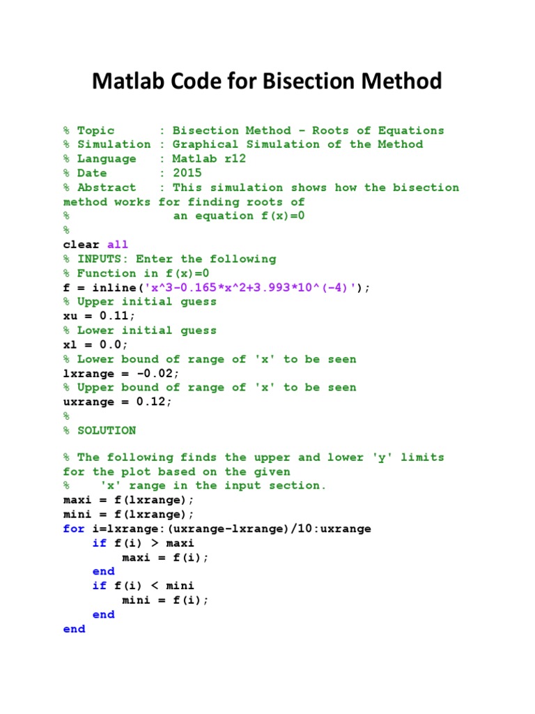 Matlab Code For Bisection Method Clear Pdf Algorithms And Data Structures Applied Mathematics