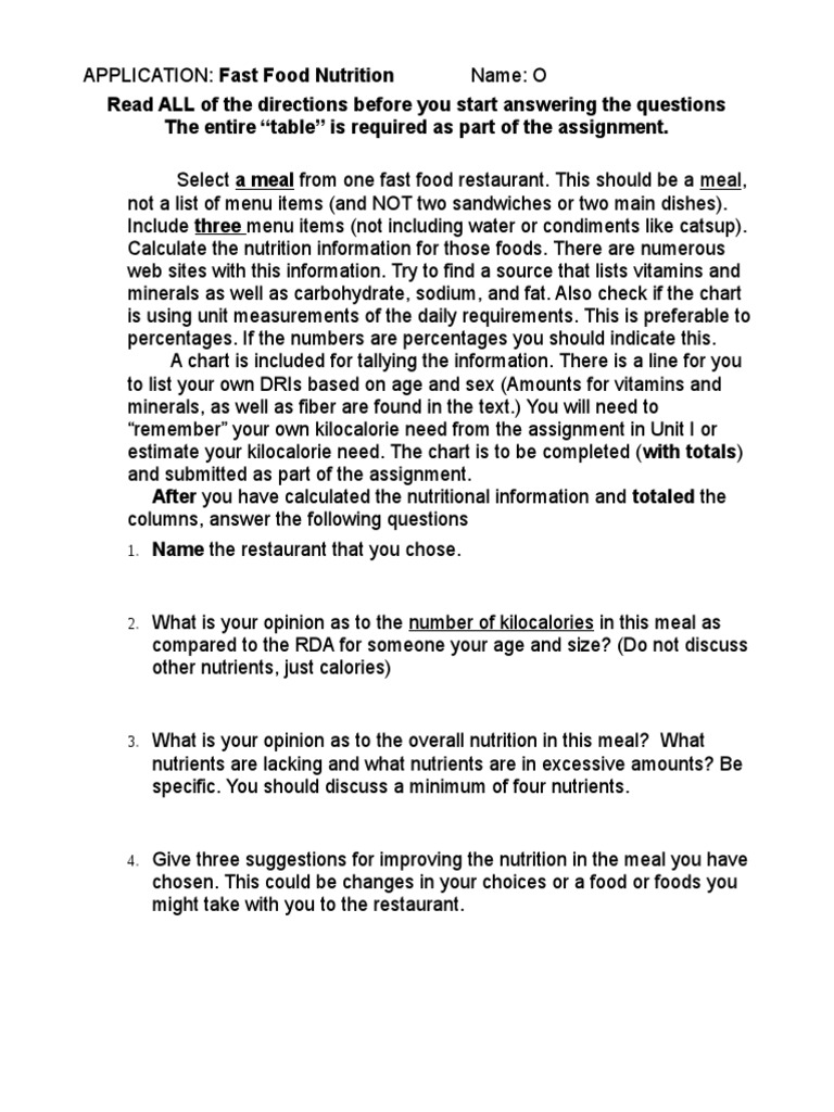Fast Food Nutrition Assignment Guide | PDF | Calorie | Nutrition