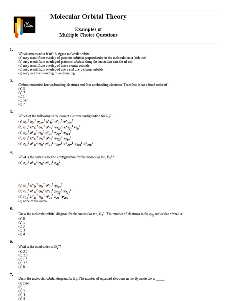 Molecular Orbital Theory Multiple Choice Questions | PDF | Molecular ...