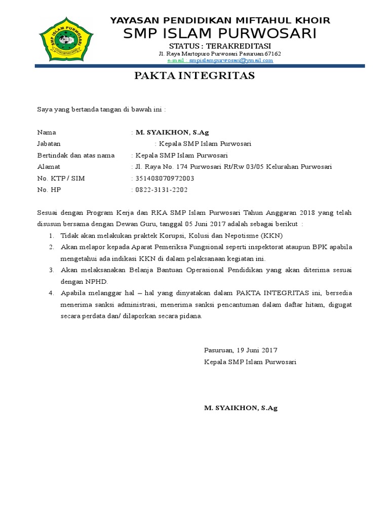 Pakta Integritas | PDF