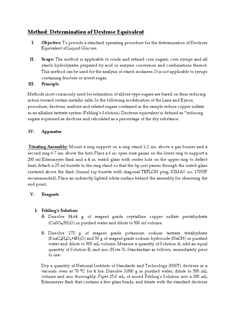 Method: Determination of Dextrose Equivalent | PDF | Titration | Chemistry