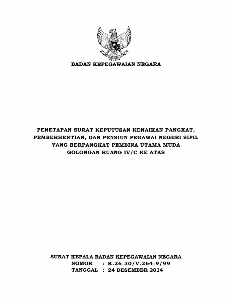 Surat Kepala BKN Nomor k.26 30 v.264!9!99 Penetapan Surat Keputusan Kenaika | PDF